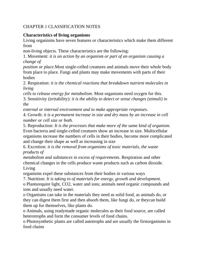 Characteristics of Living Organisms: Chapter 1 Classification Notes ...