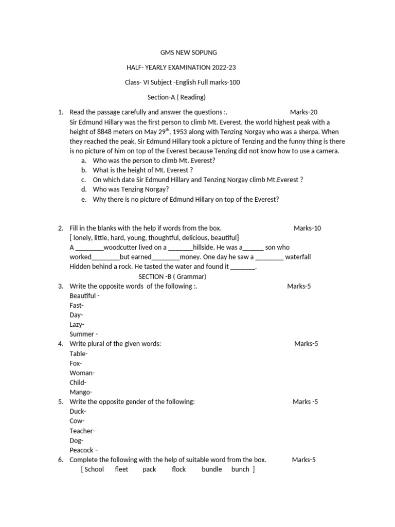 Class - 6 - English Question Paper | PDF | Mount Everest