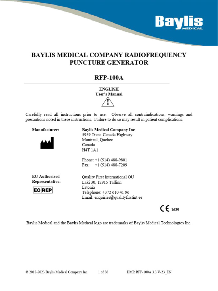 Baylis RFP-100A RF Puncture Generator Manual | PDF | Electrical ...