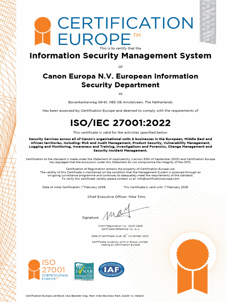 Canon - Europa ISO IEC 27001 - CertA4 - ED2026 - Valid Until 02 2026 ...