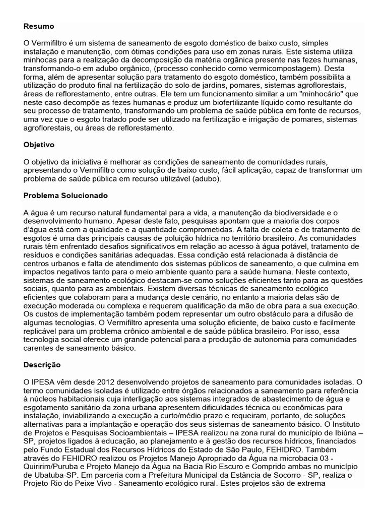 Vermifiltro: Saneamento Ecológico Rural | PDF | Águas residuais | Água
