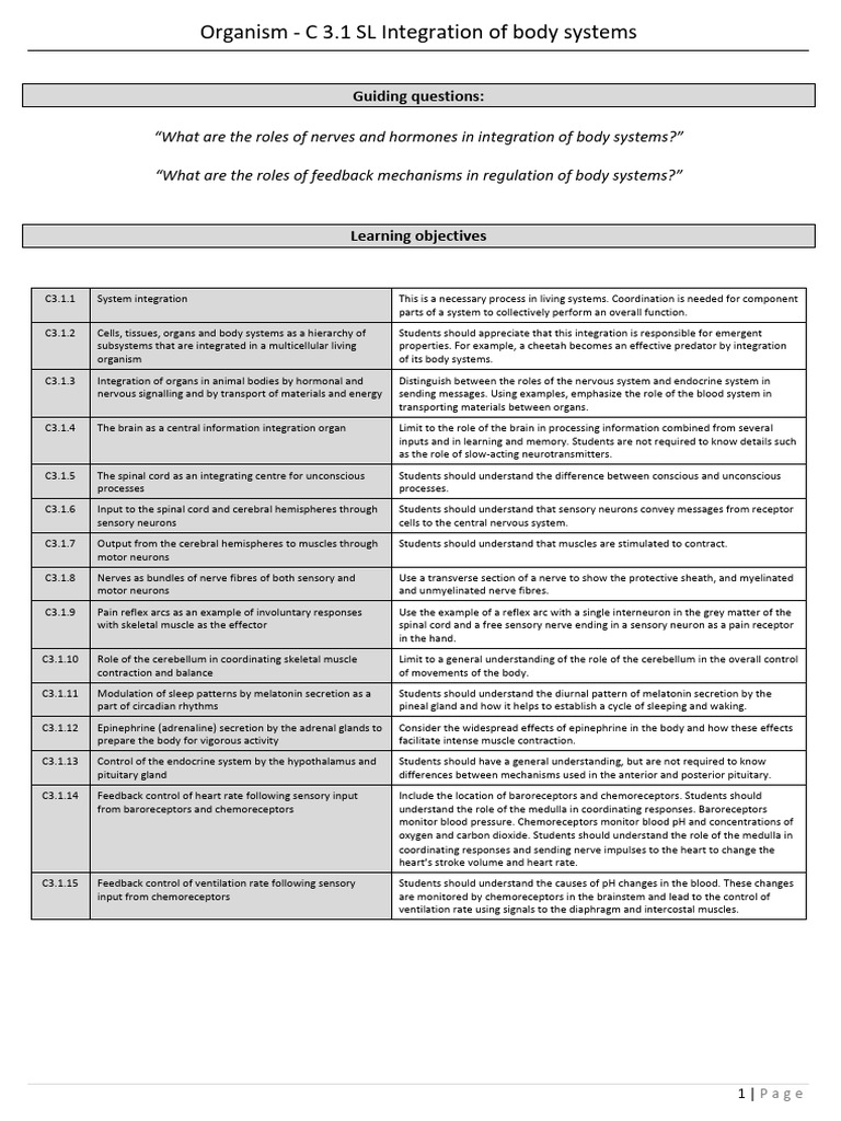 C 3.1 SL Integration of Systems - Student Notes | PDF | Nervous System ...
