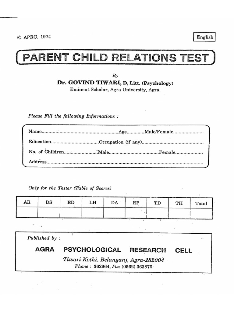 Parent-Child Relations Test (Booklet PDF | PDF