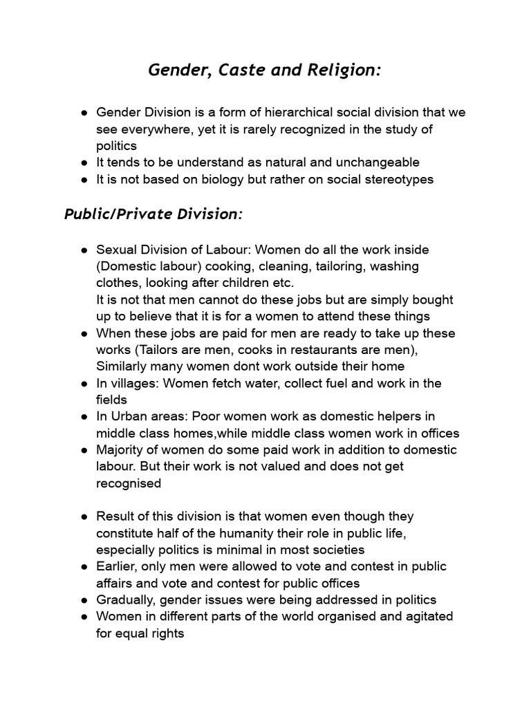 Gender, Caste and Religion-NCERT SST Chapter Notes-Class 10 | PDF ...