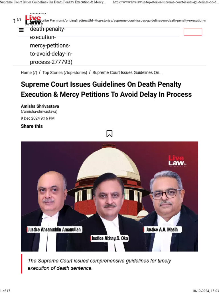 Supreme Court Issues Guidelines On Death Penalty Execution & Mercy ...