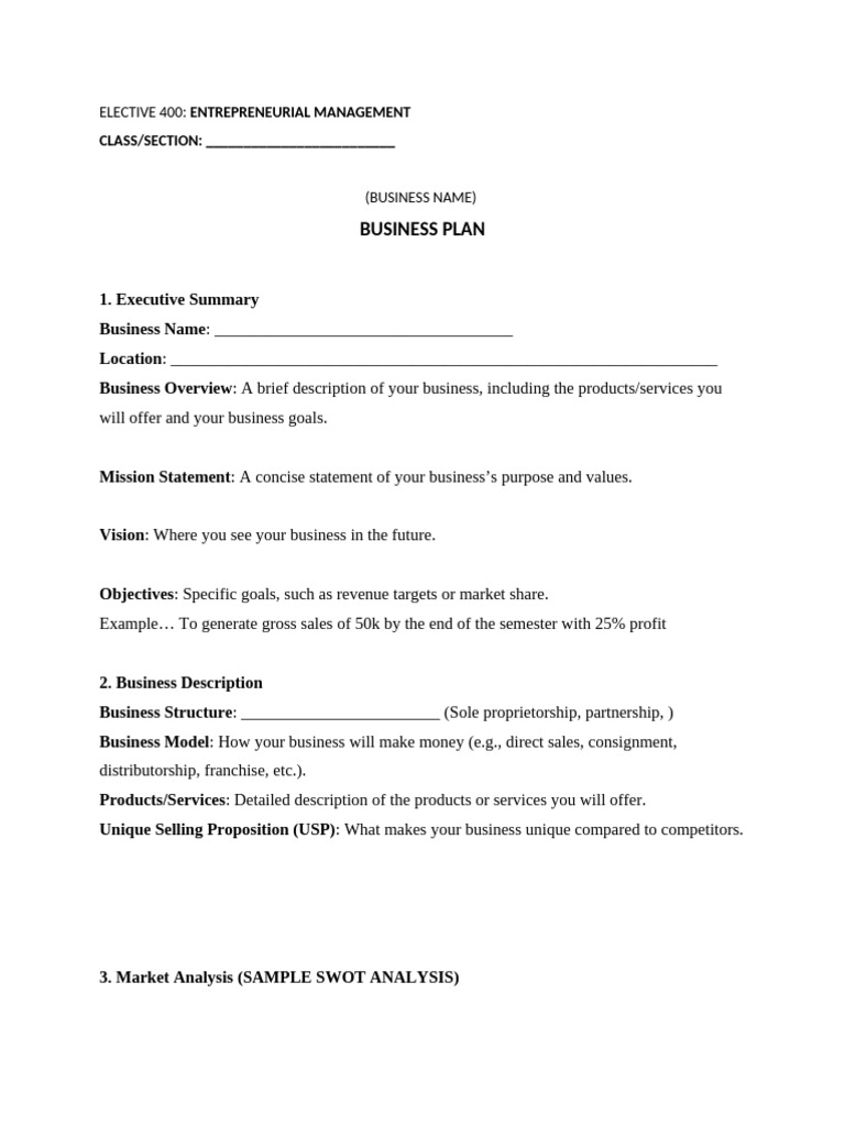 ELECTIVE-400_business-plan-template (2) | PDF | Marketing | Business