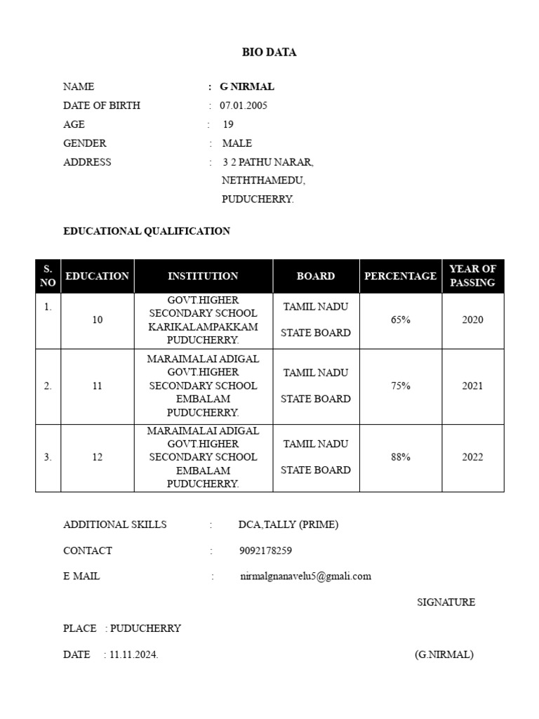 Nirmal Bio Data | PDF