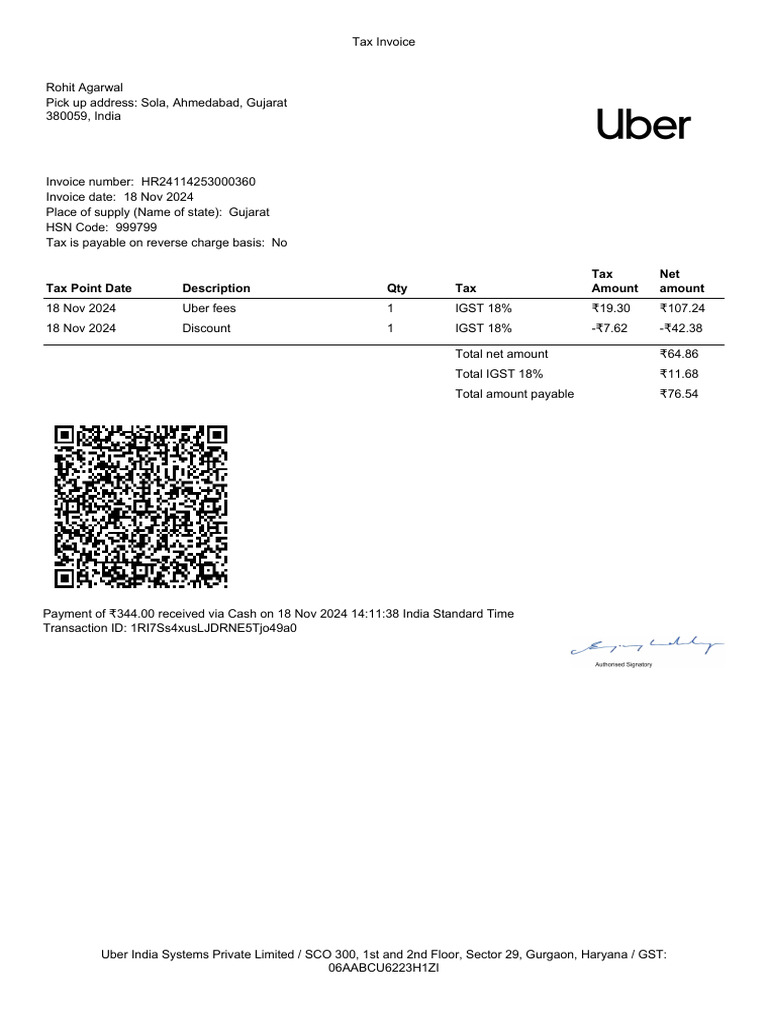 Tax Invoice for Uber Services in Gujarat | PDF