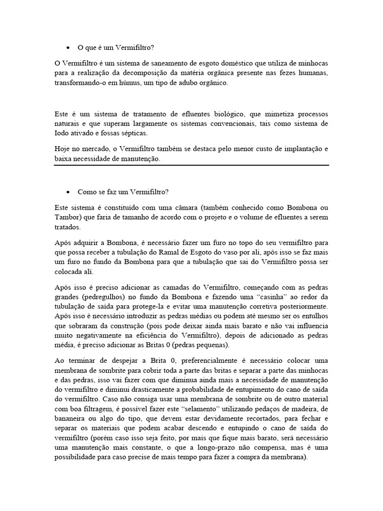 Vermifiltro Roteiro - Parte 1 | PDF | Águas residuais | Tanque séptico
