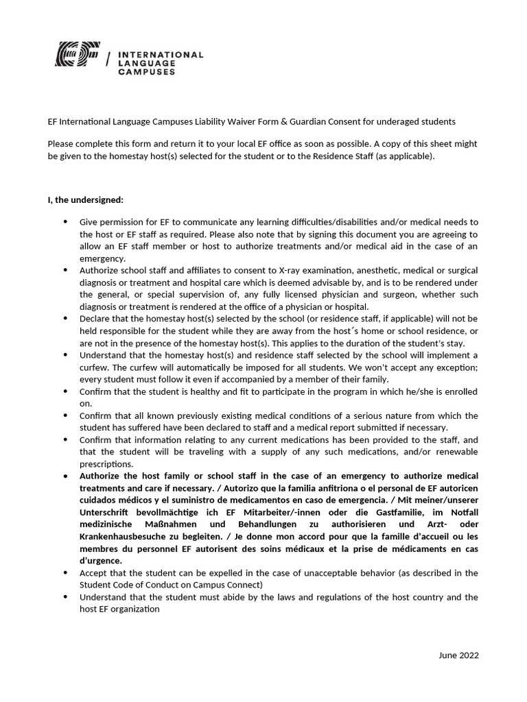 EF Language Camp Liability Waiver Form | PDF | Legal Liability | Consent