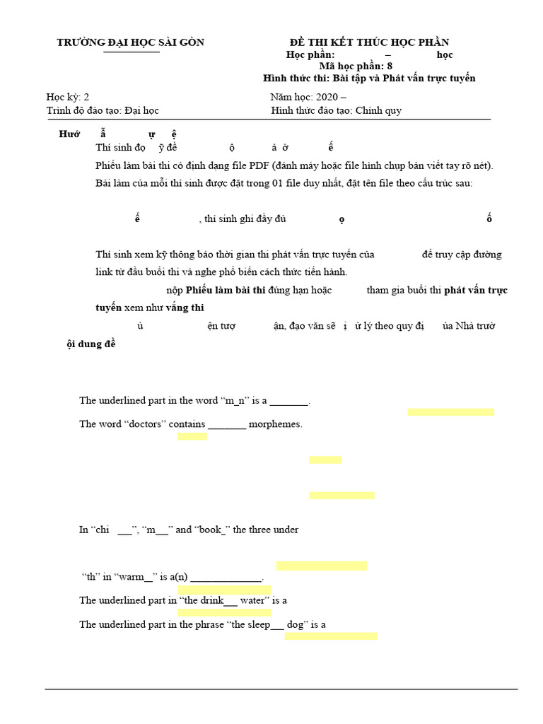 813301 HinhThai CuPhaphoc de Thi HK2 2020-21 | PDF | Verb | Word