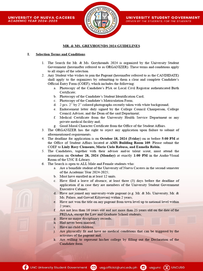 (FINAL PLAN) Mr. & Ms. Greyhounds 2024 Guidelines, Declaration, COEF | PDF