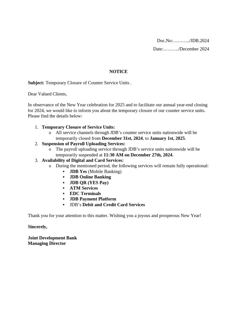 Notice - Year End Closure 2024 - Eng | PDF