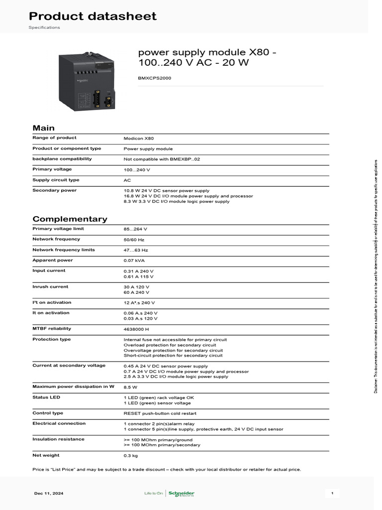Schneider Electric Modicon X80 I Os BMXCPS2000 | PDF | Power Supply ...