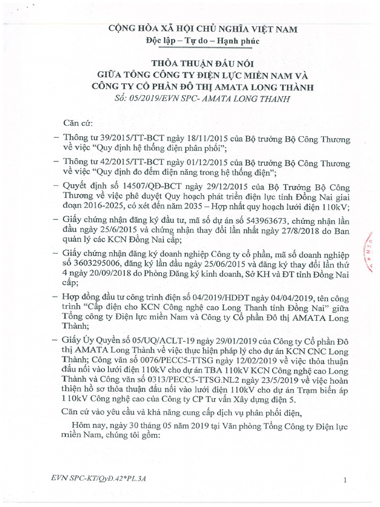 TT05-2019-SPC-AMATA - Thoa Thuan Dau Noi + Phu Luc | PDF