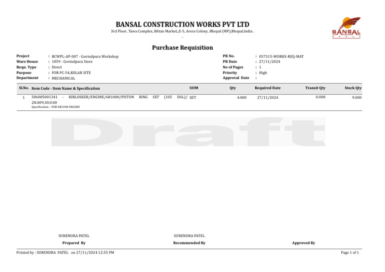 Bansal Construction Works PVT LTD: Purchase Requisition | PDF