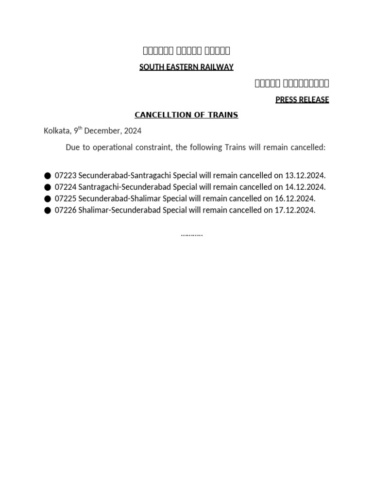 South Eastern Railway Train Cancellations | PDF