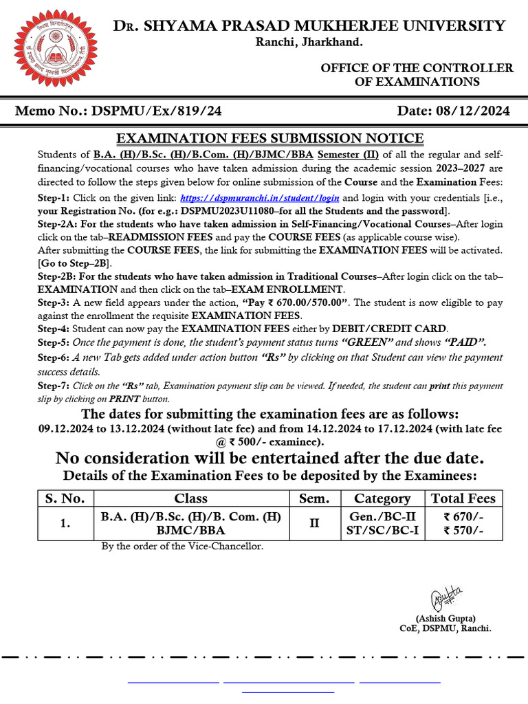 08.12.2024 - Examination Notice - Fees Submission - FYUGP Sem II ...
