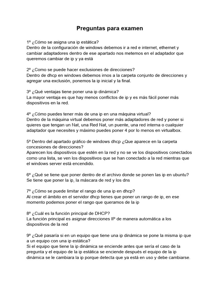 Preguntas Para Examenes | PDF | Dirección IP | Protocolos de internet