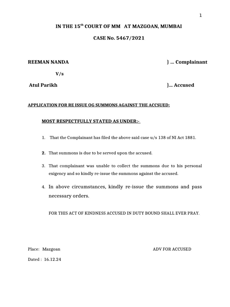 REEMA RE ISSUE SUMMONS Atul Parikh | PDF