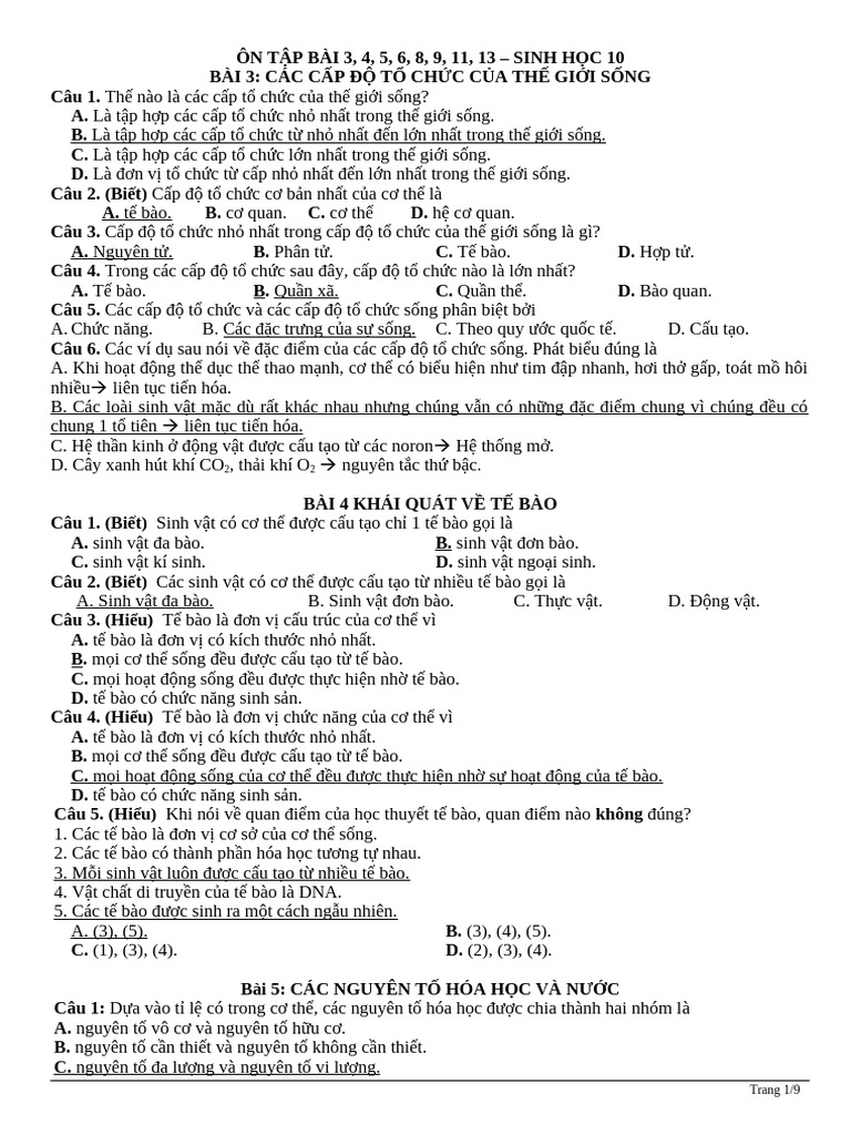 ĐỀ CƯƠNG HK1 SH10 | PDF