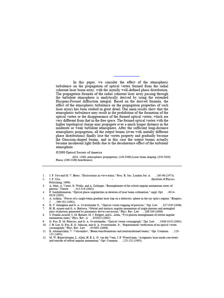 Effect Of Atmospheric Turbulence On Propagation Pdf Coherence Physics Optics