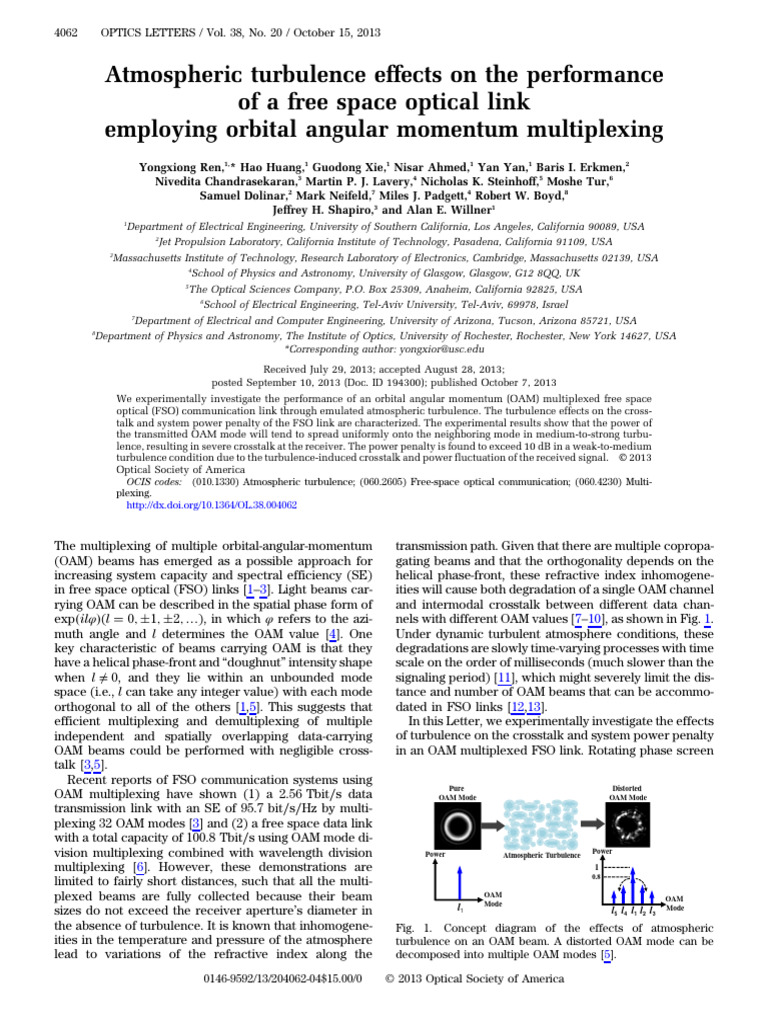 Atmospheric Turbulence Effects On The Performance Pdf Fiber Optic Communication