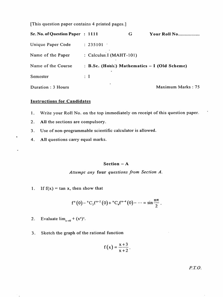 B.sc. (Hons) I Mathematics - I (Old Scheme) Calculus.i (Math-101 ...