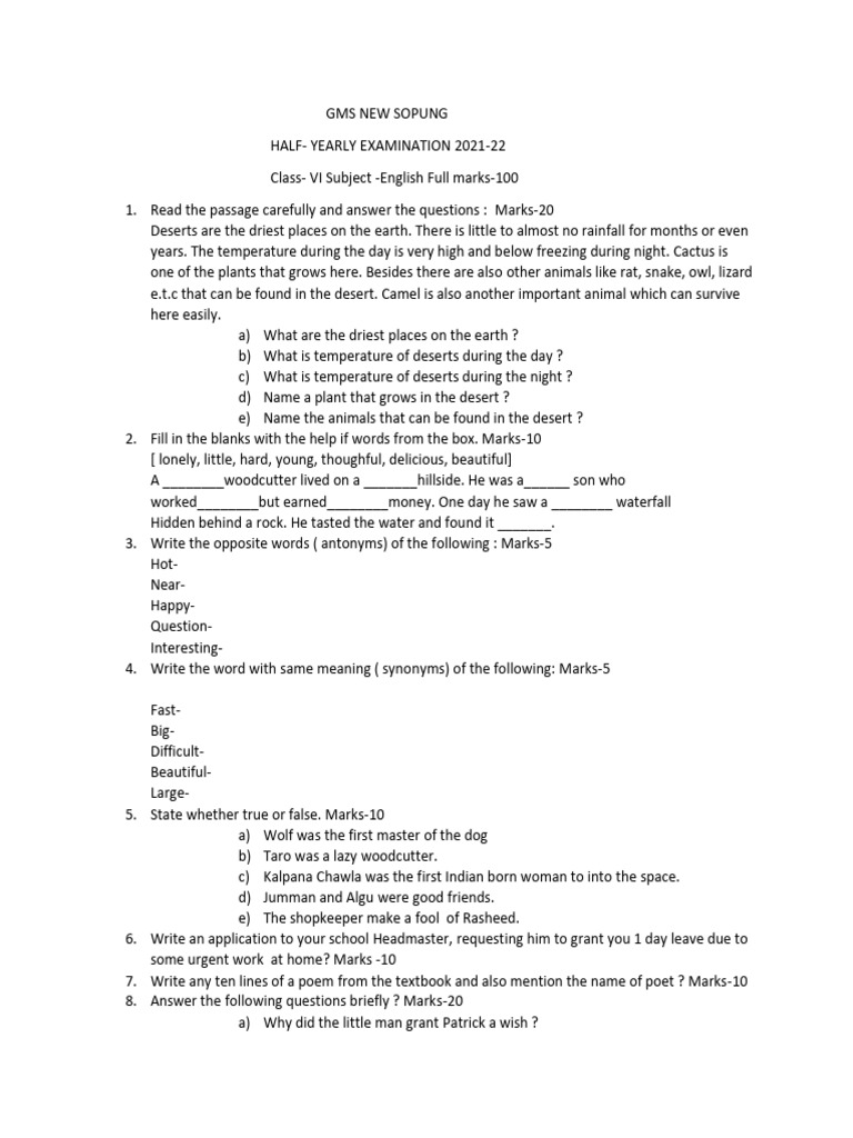 Class - 6 - English Question Paper | PDF | Desert