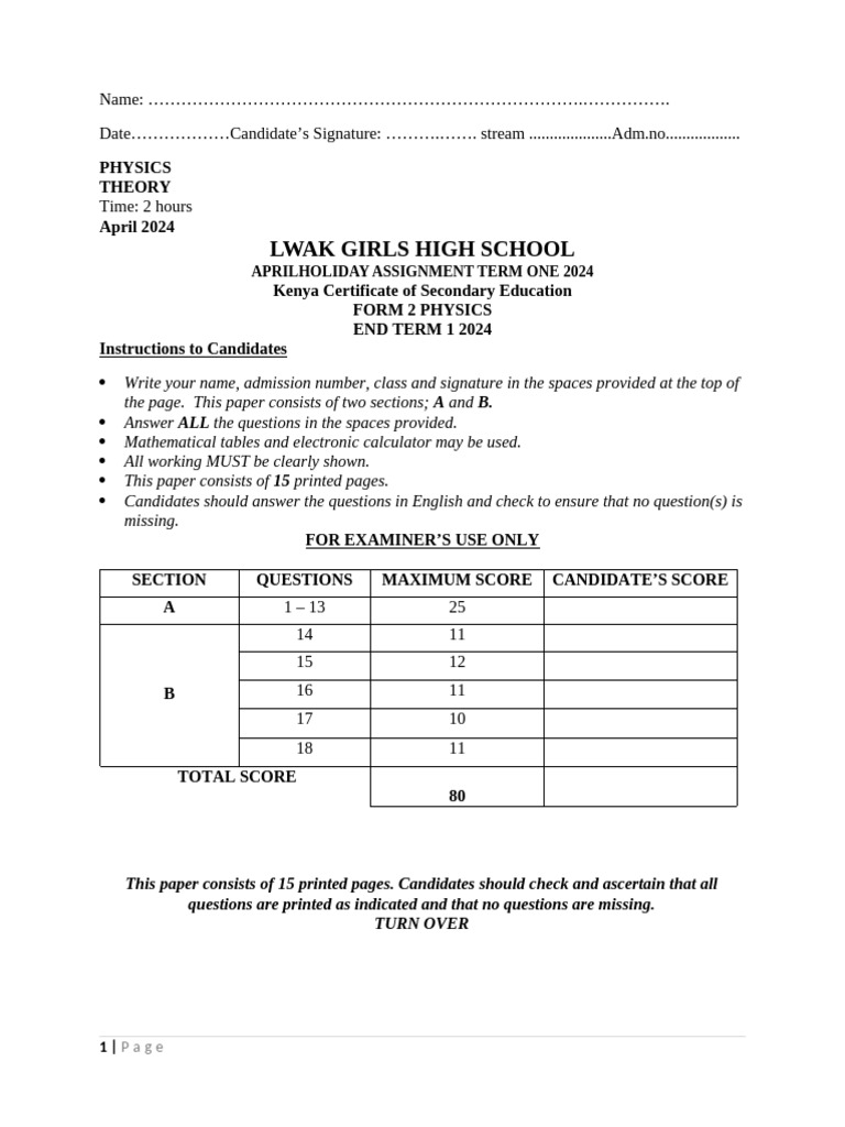 Form 2 - Physics - Question Paper | PDF | Pressure | Mirror