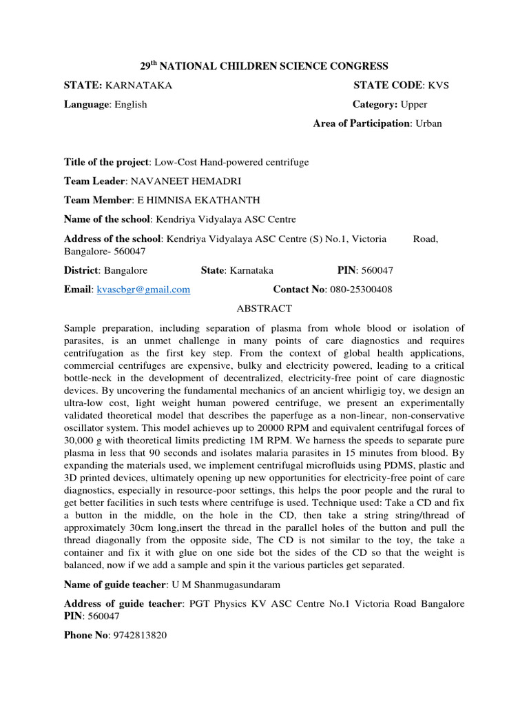 ncsc abstract, chart & Form A | PDF | Centrifuge | Physical Sciences