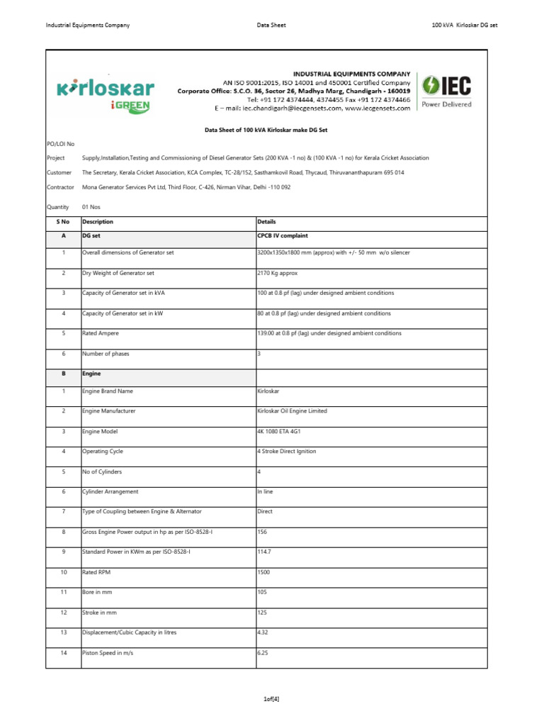 100 kVA Kirloskar DG Set Data Sheet | PDF | Engines | Diesel Engine