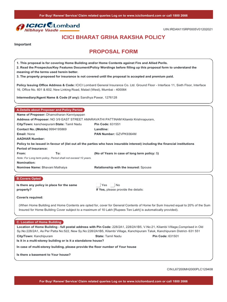 Icici Bharat Griha Raksha Policy Proposal Form: Important | PDF ...
