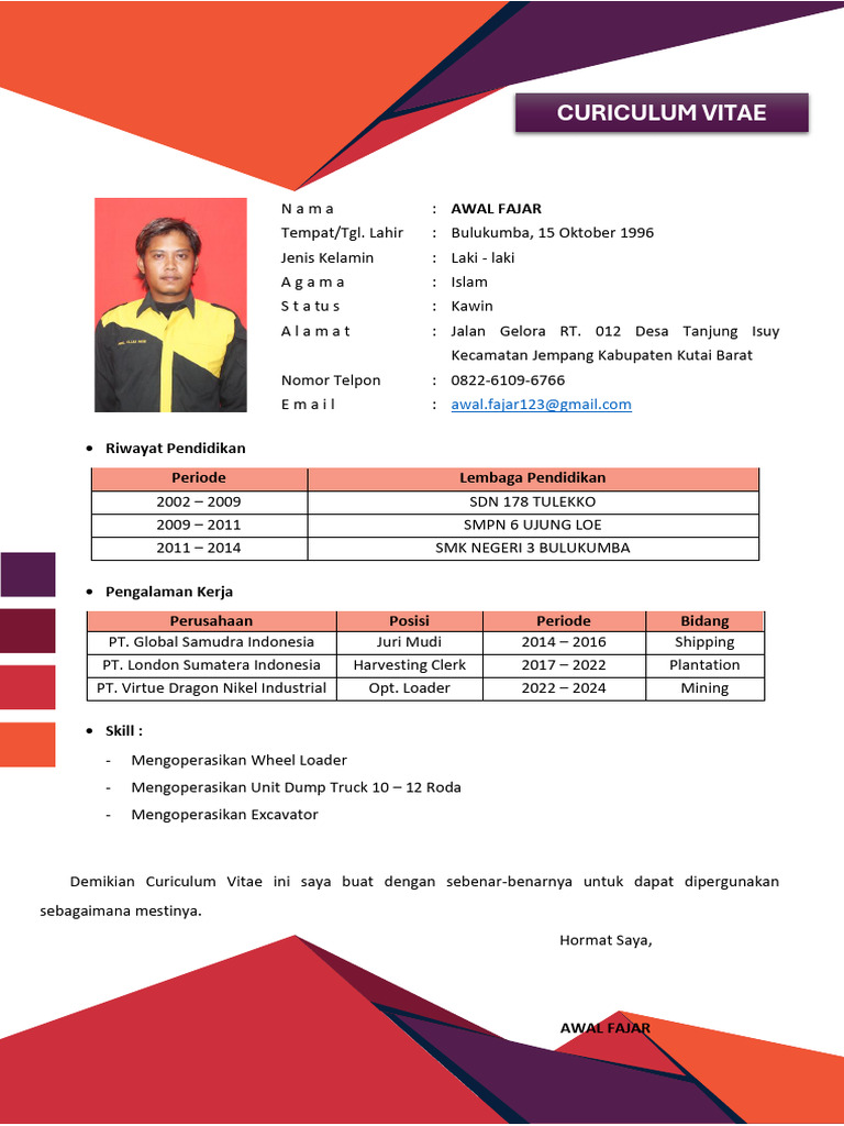 CV Awal Fajar | PDF