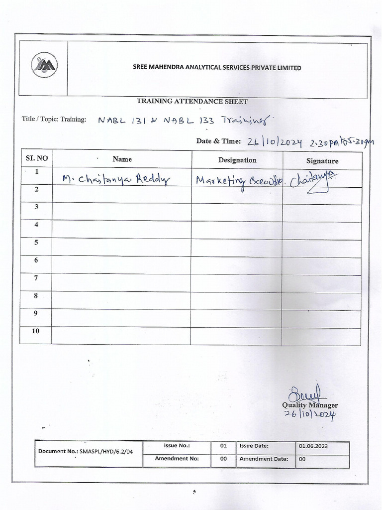 Nabl 131 & 133-Training Attendance Sheet and Evaluation | PDF