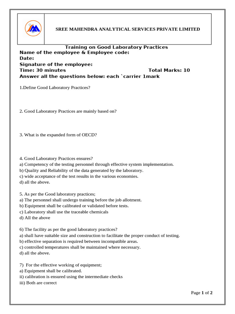 Training Evaluation On Good Laboratory Practices | PDF