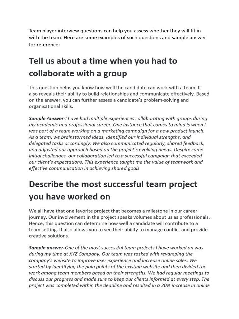 Team-Player-Interview-Questions-And-Answers | PDF | Goal | Communication