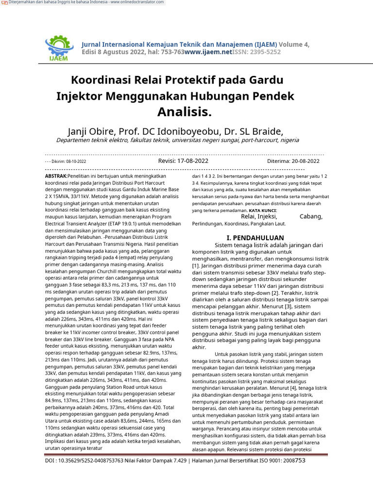 Protective Relay Coordination in An Injection Substation Using Short Circuit Analysis - En.id | PDF