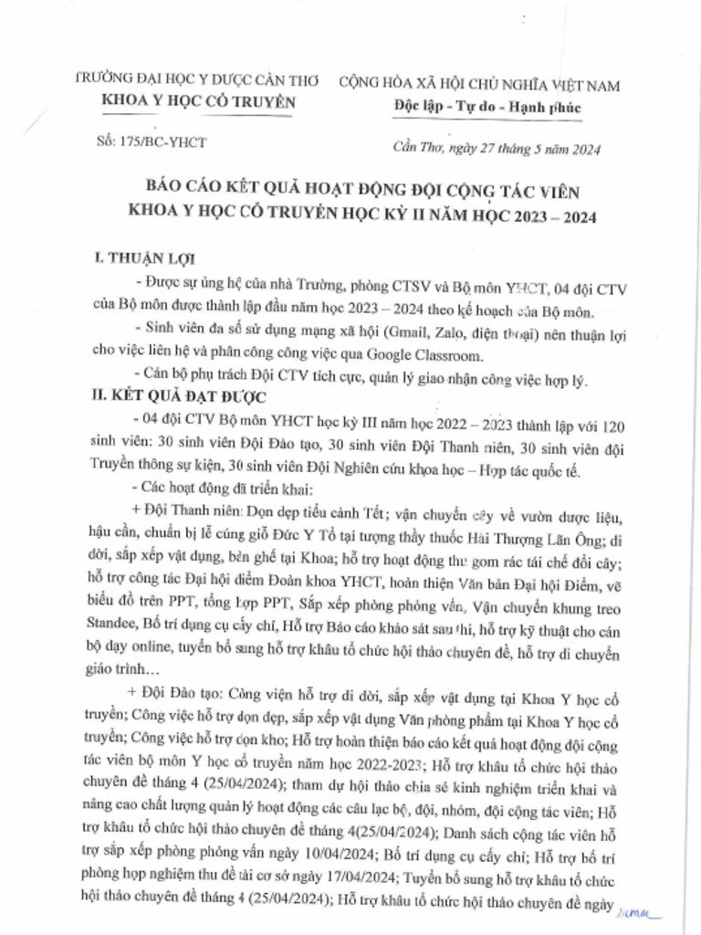 175 - BC-YHCT Báo Cáo Hoạt Động Đội CTV Học Kì III Năm Học 2023-2024 | PDF