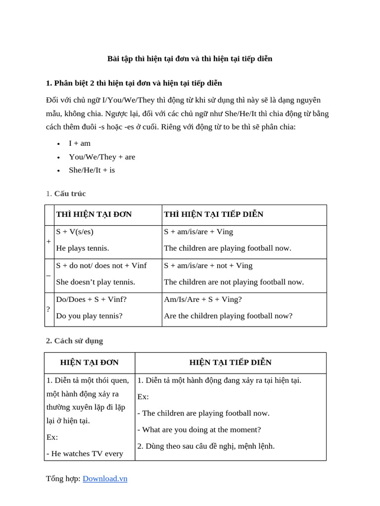 Bai Tap Hien Tai Don Va Thi Hien Tai Tiep Dien | PDF