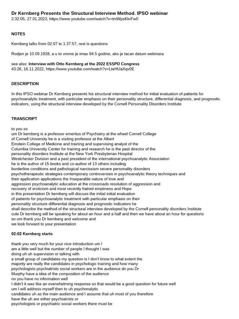 Kernberg's Structural Interview Method | PDF | Personality Disorder ...