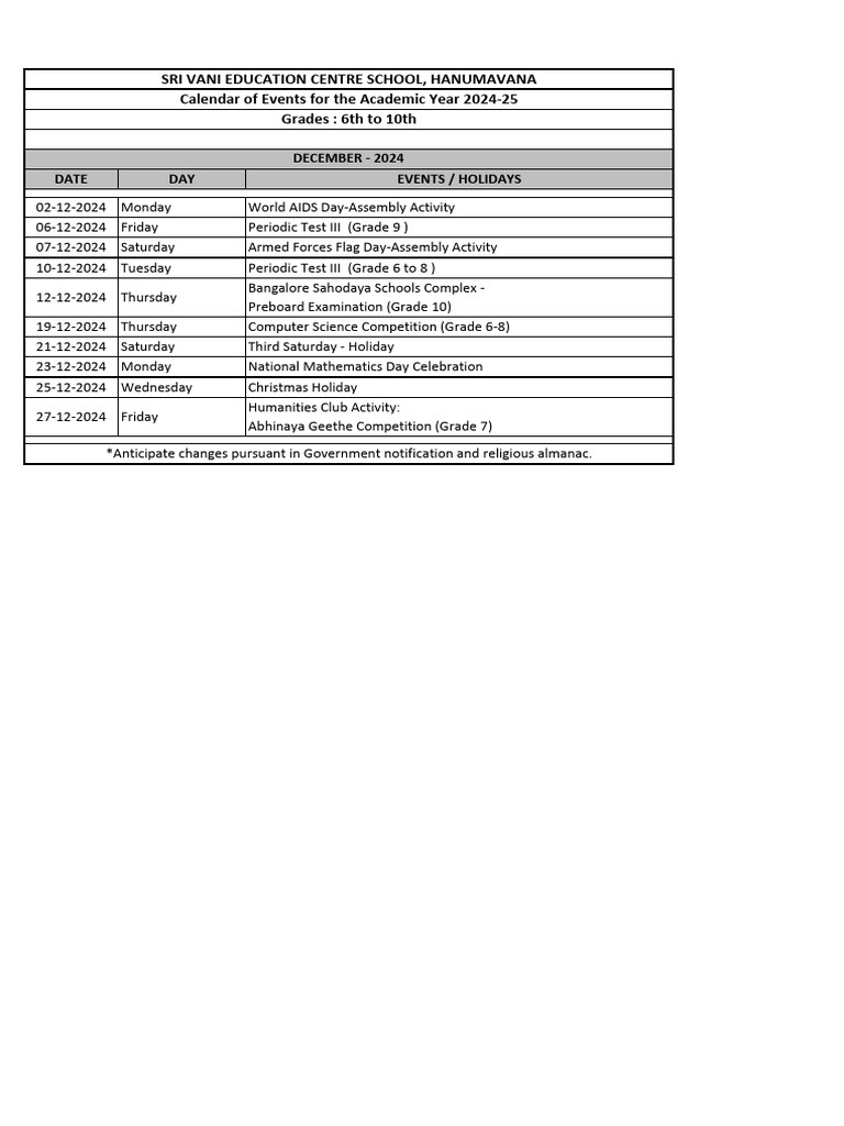 Calendar of Events CBSE 6-10 | PDF