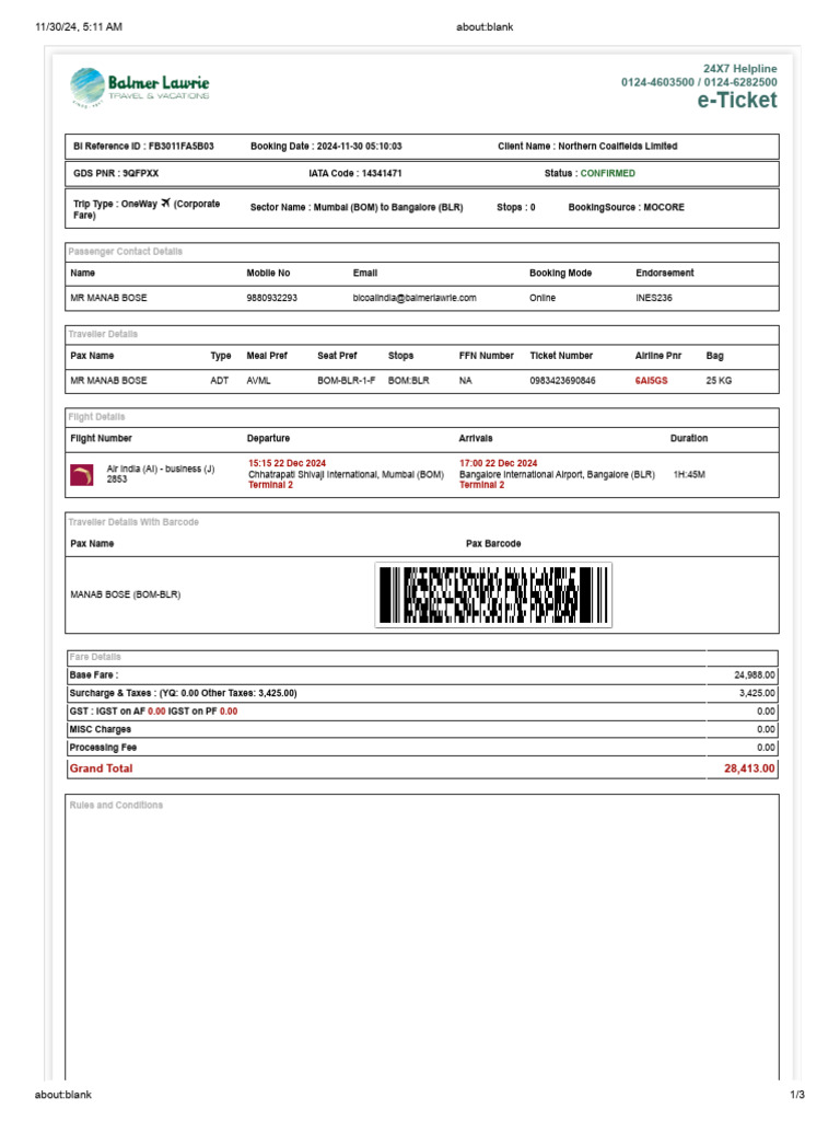Mr. Manab Bose - 22.12.2024 - Bom To BLR | PDF