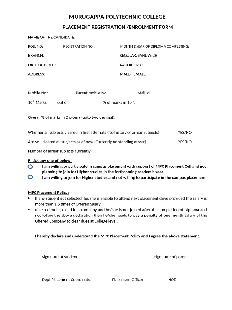 Placement Registration Form1 | PDF