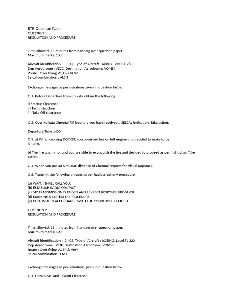 Rtr Question Paper | PDF | Air Traffic Control | Instrument Flight Rules