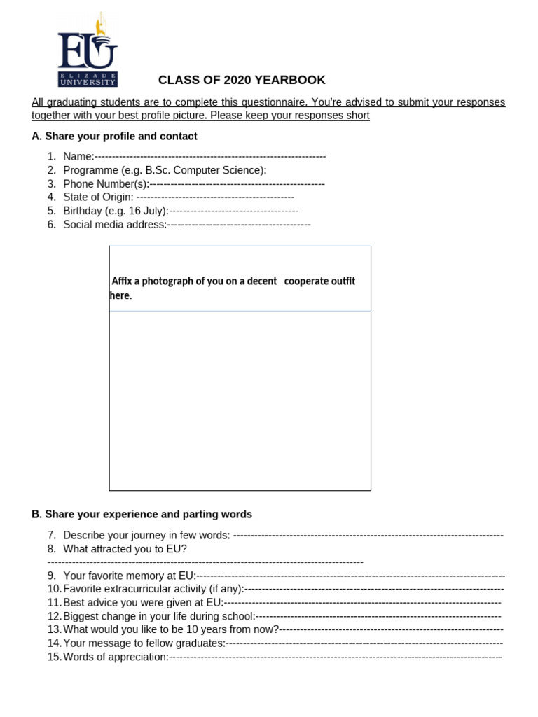 2020 Yearbook Questionnaire | PDF