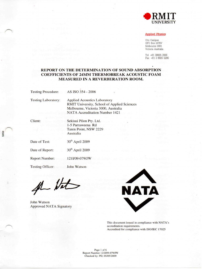 RMIT Univ - Sound Absorption Coefficient 24mm - Thermobreak | PDF