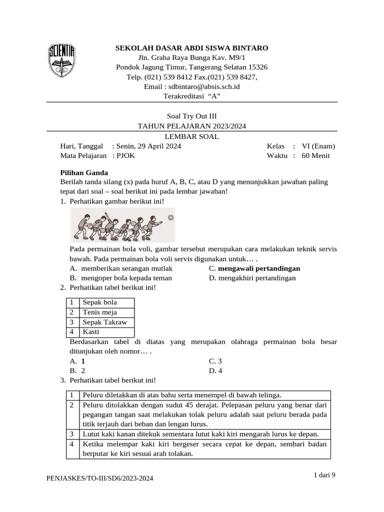 Soal TO3 PJOK KLS 6 SD Dengan Kunci Jawabannya 2023-2024 | PDF