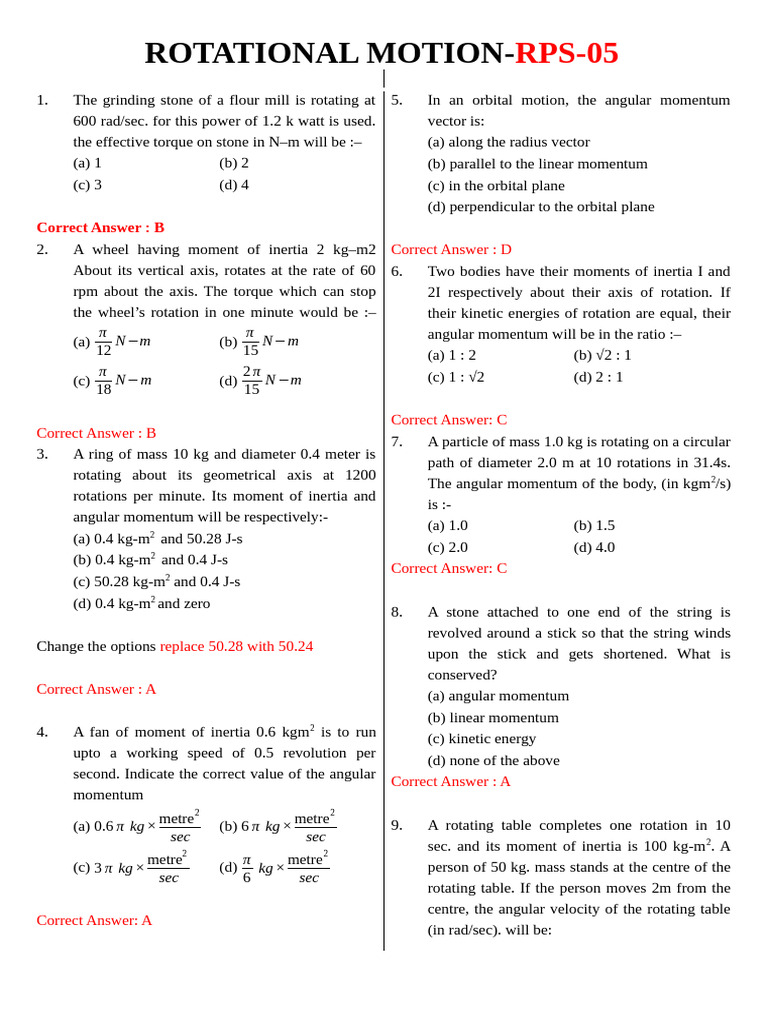 Rotational Motion RPS 05 | PDF | Rotation Around A Fixed Axis | Torque
