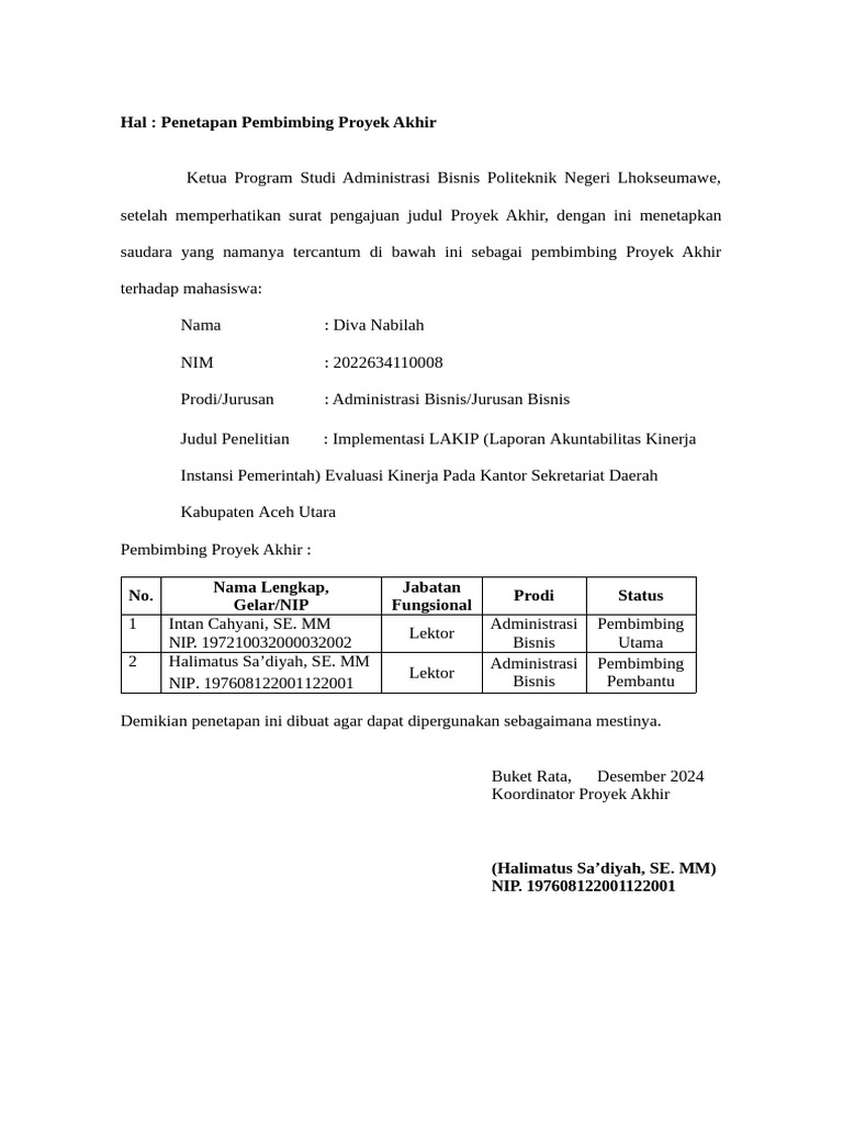 Penetapan Pembimbing Proyek Akhir | PDF